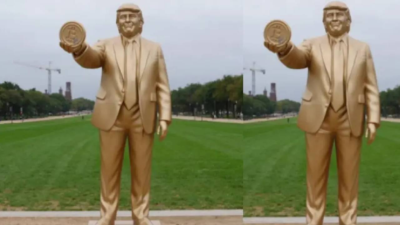 Donald trumps 12 foot golden statue holding bitcoin unveiled ...